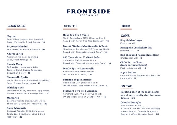 Fine Dining Menu | Frontside Food and Wine