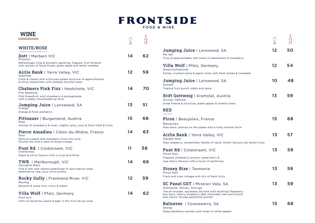 Fine Dining Menu | Frontside Food and Wine